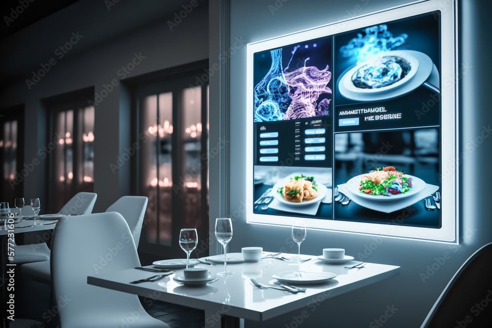 automation white restaurant with smart screen or hologram, future concept, generative ai ...