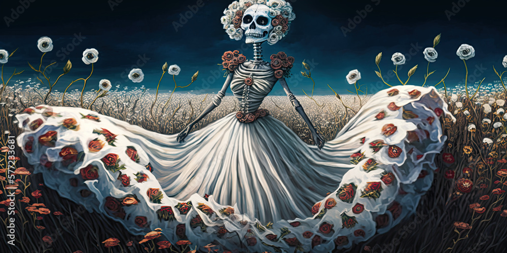 Skeleton Bride Twirling in White Wedding Dress in a Field of Red ...