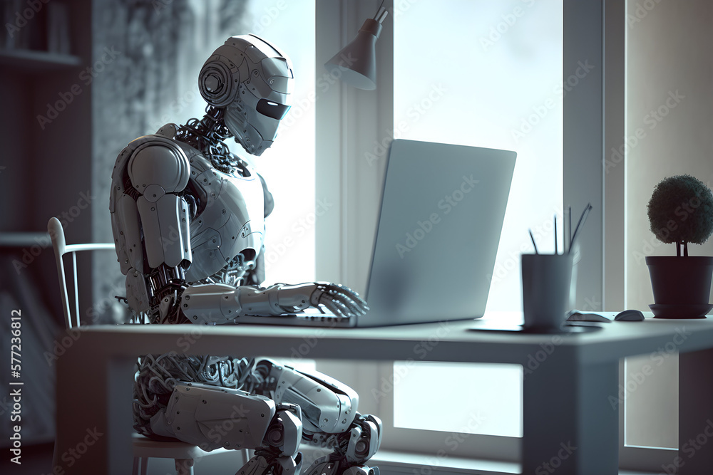 ChatGPT concept. Robot humanoid working at laptop at home. intelligent ...