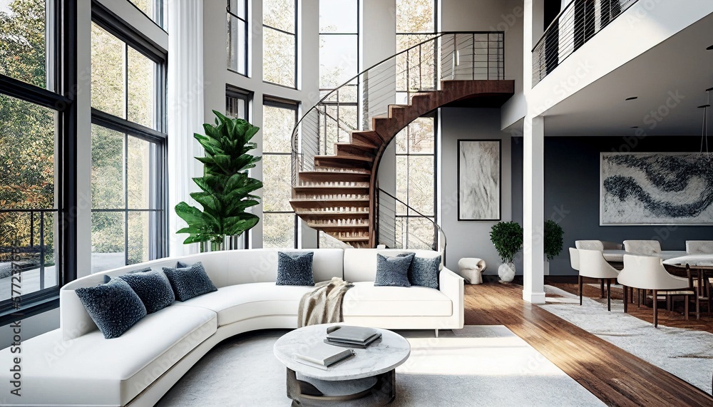 A modern style living room with floor to ceiling glass windows on the ...