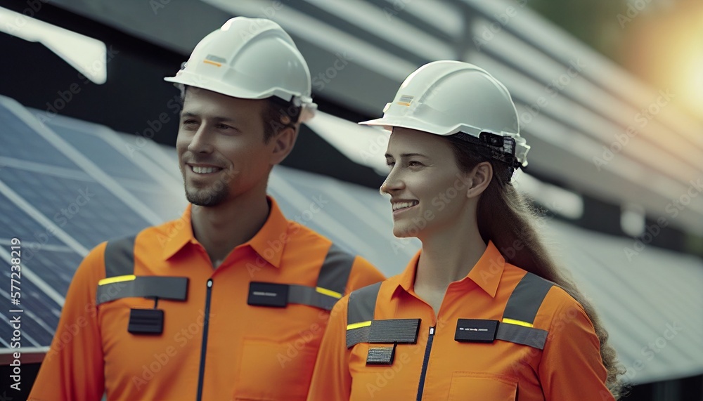 Smiling male and female electrical engineers in orange caps and safety ...