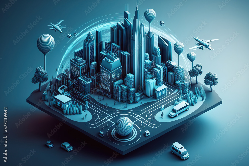 smart city diorama and communication network concept in a duotone image ...