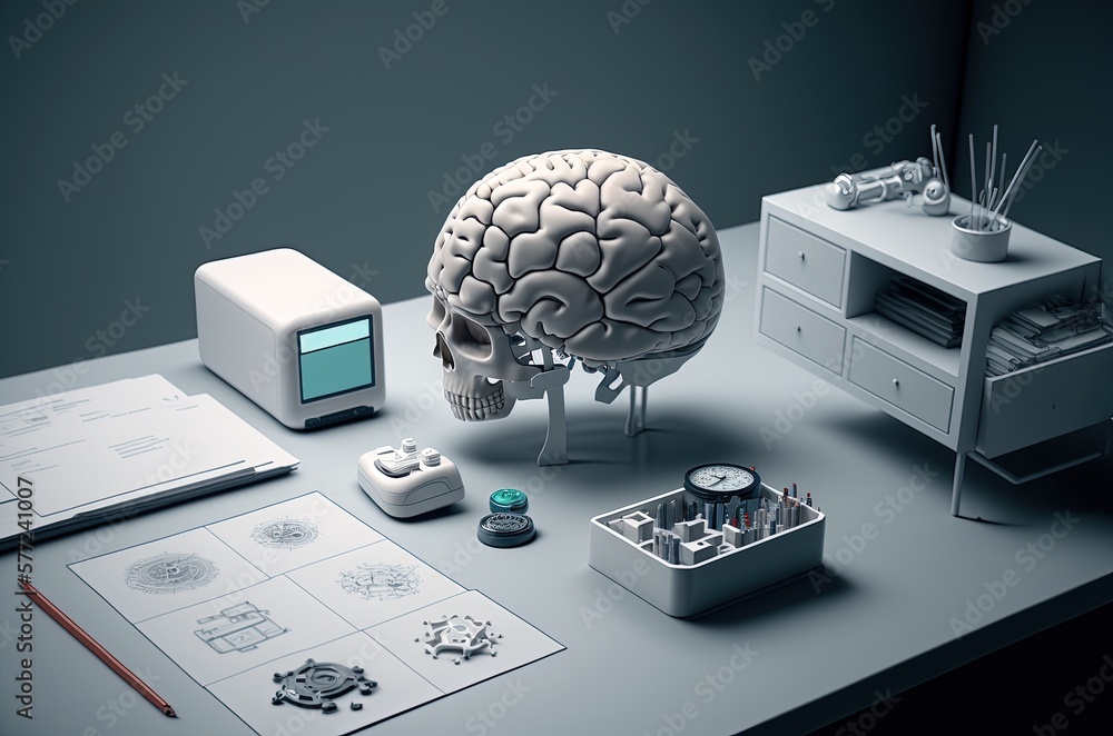 psychology lab with brain models and testing equipment, theme of ...