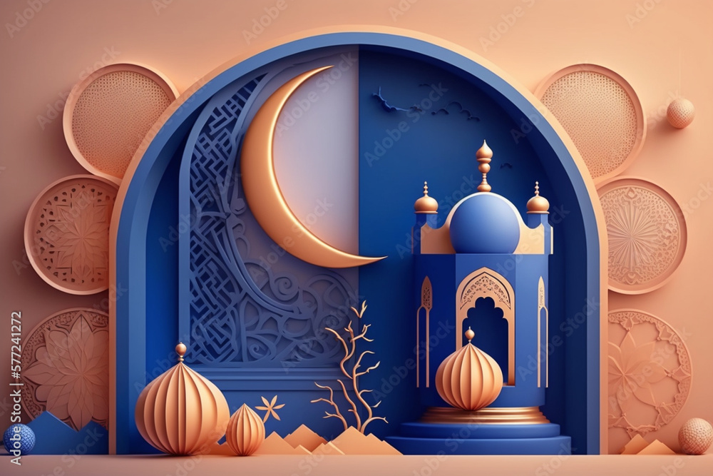 Islamic festivities memorable 3D banner in royal blue and peach ...
