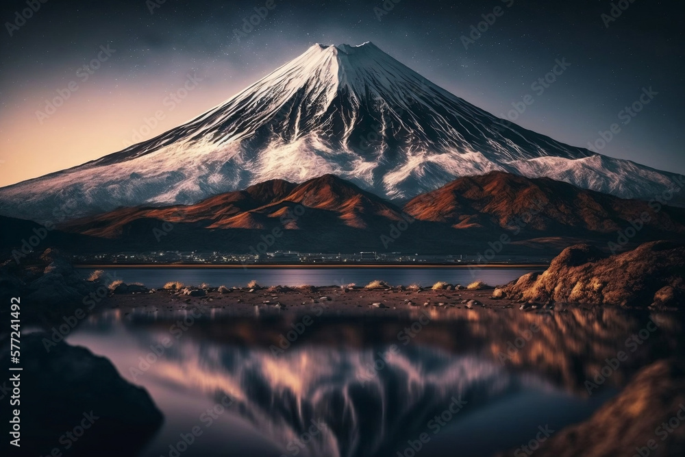 Mount Fuji volcano at Japan, generative AI art Stock Illustration ...