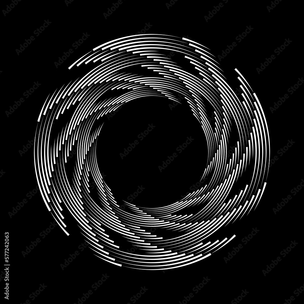 White curved lines in spiral form. Segmented circle. Geometric art ...
