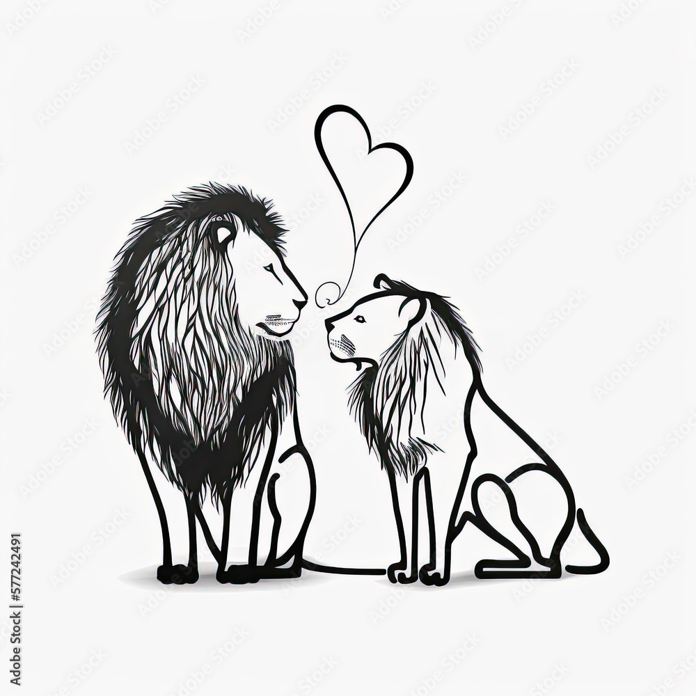 Beautiful, adorable, loving lion couple black and white image of ...