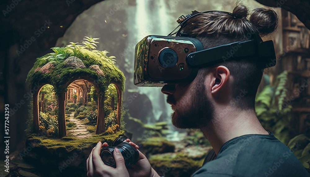 Gamer immersed in a virtual reality game, exploring a stunningly ...