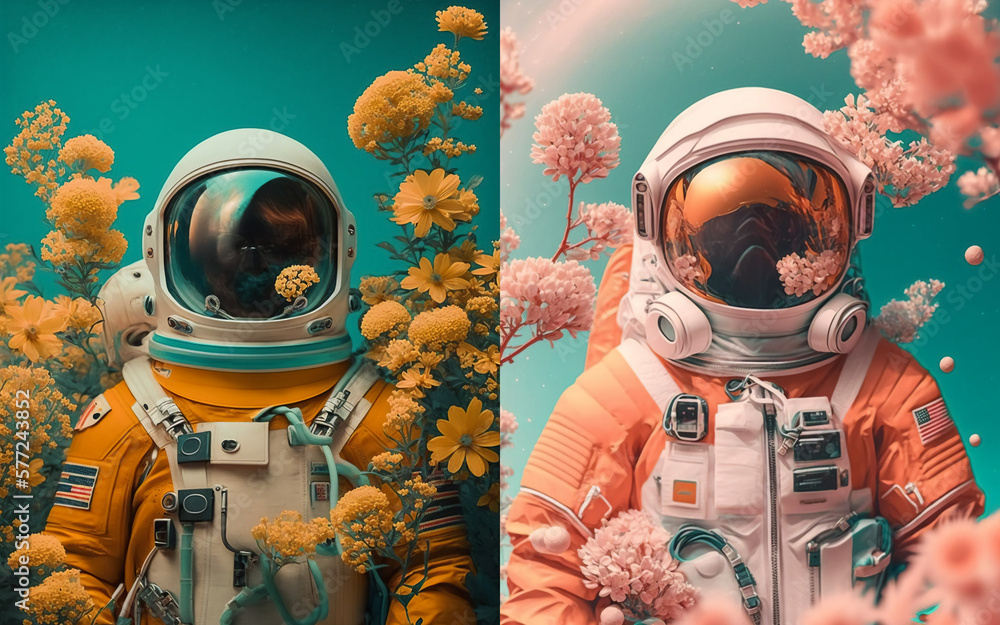 Surreal illustration of spaceman with flowers. Stock Illustration ...