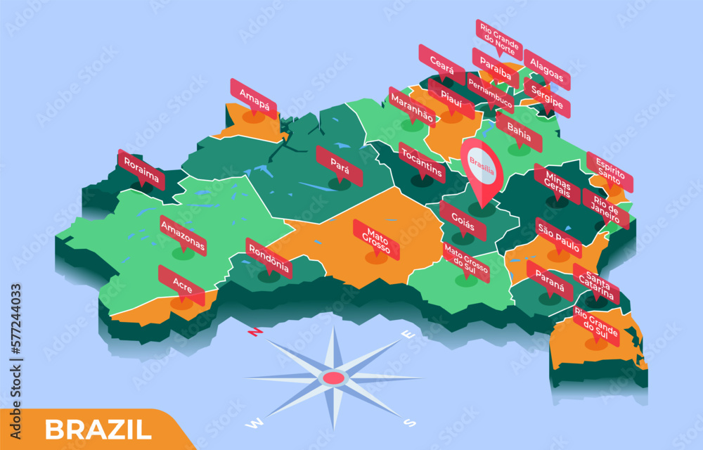 Isometric 3D Map of Brazilian Regions and Administrative Divisions ...