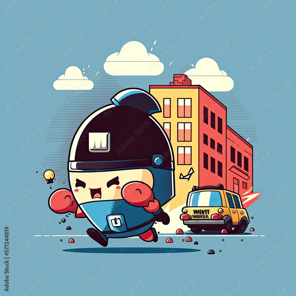 Police chasing criminals, cute character cartoon, building background ...