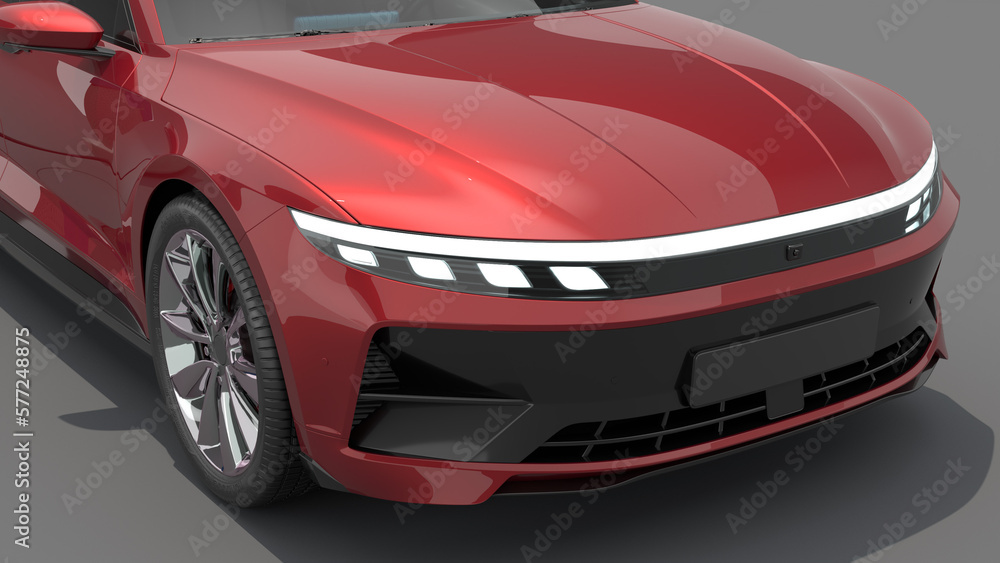 Red Electric car with charger rapid charger 3D CGI solid BG futuristic ...