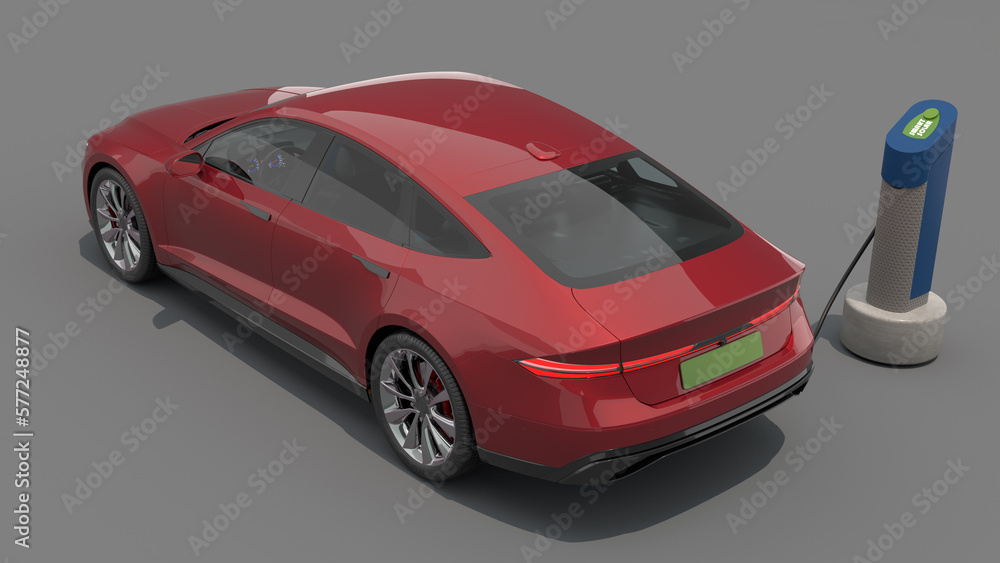 Red Electric car with charger rapid charger 3D CGI solid BG futuristic ...