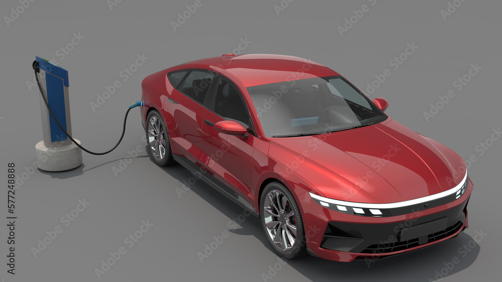 Red Electric car with charger rapid charger 3D CGI solid BG futuristic ...