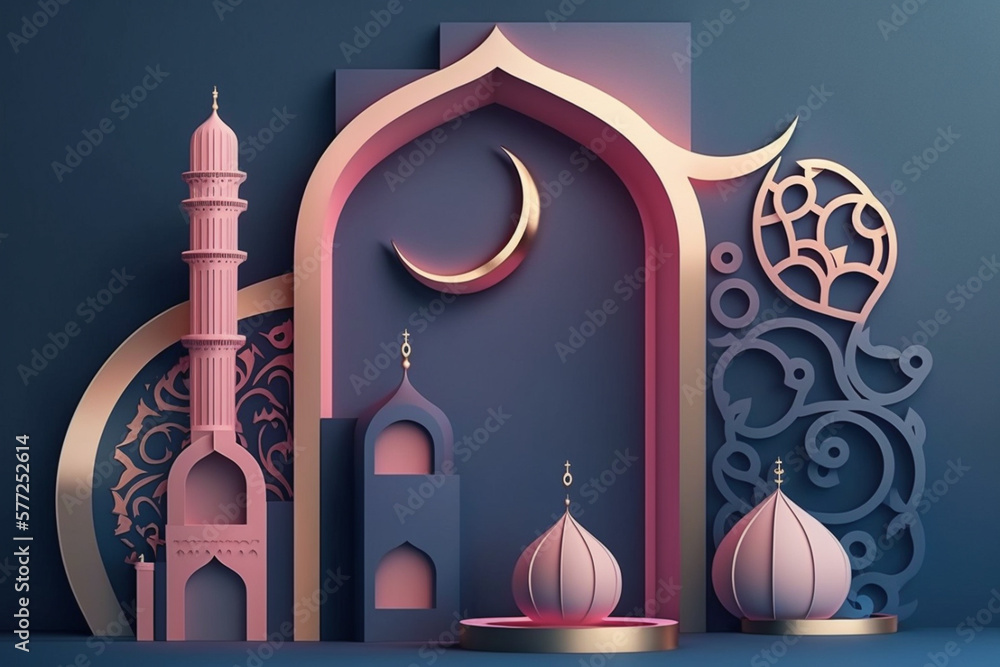 3D modern Islamic holiday banner in a gorgeous blue and pink monotone ...