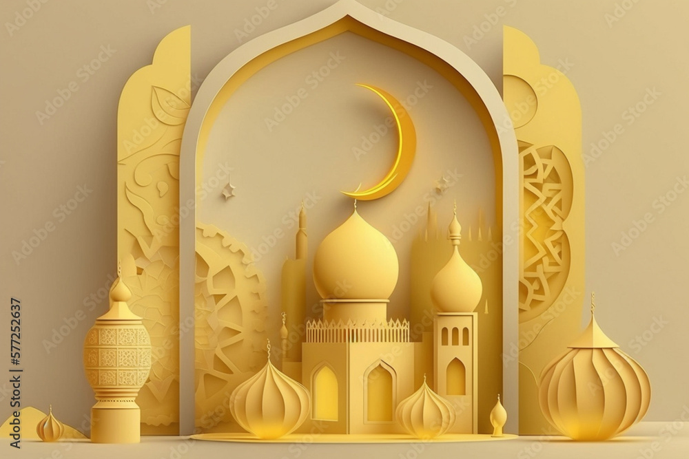 yellow monotone design 3D modern Islamic holiday banner for celebration ...