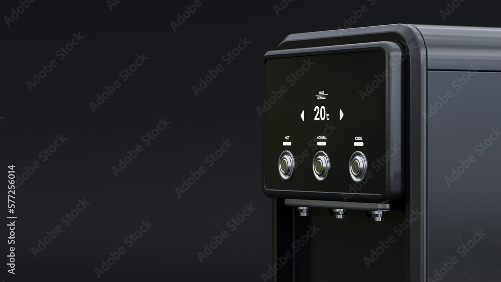 Closeup side perspective view water dispenser multi information display ...