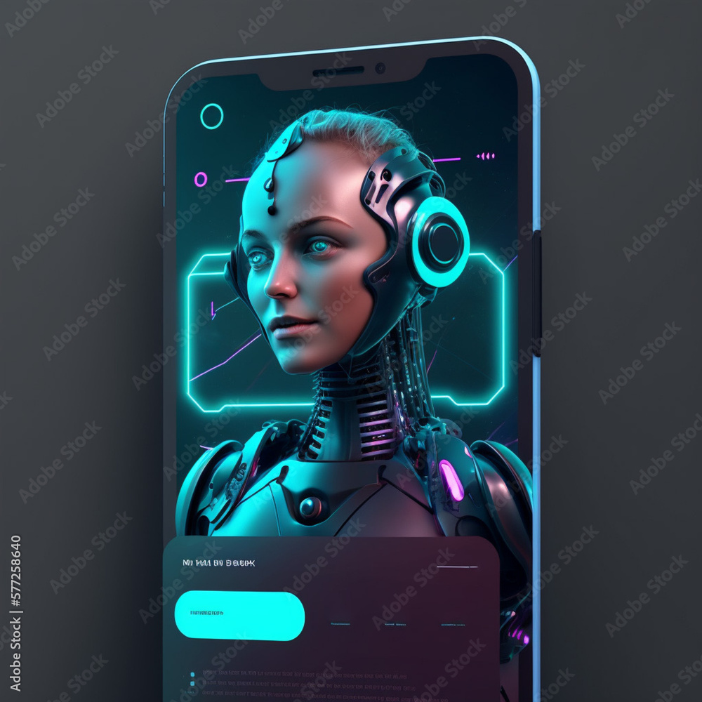 Futuristic humanoid robot in screen of smartphone. Concept of chatbot ...