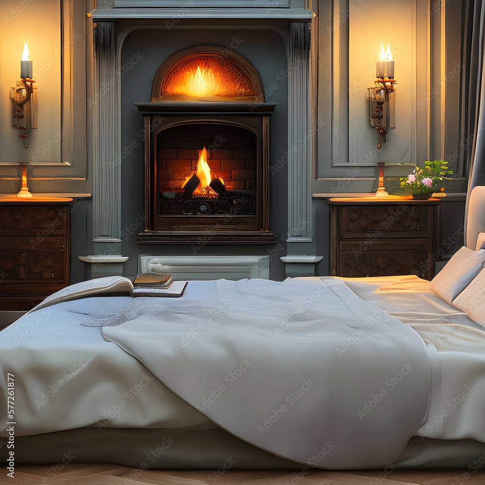 3. A cozy bedroom with a fireplace and a big comfy bed.3, Generative AI ...