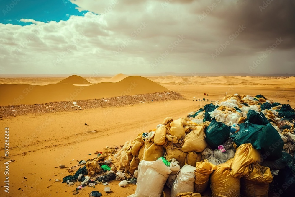 Environmental pollution concept: piles of garbage in the desert between ...