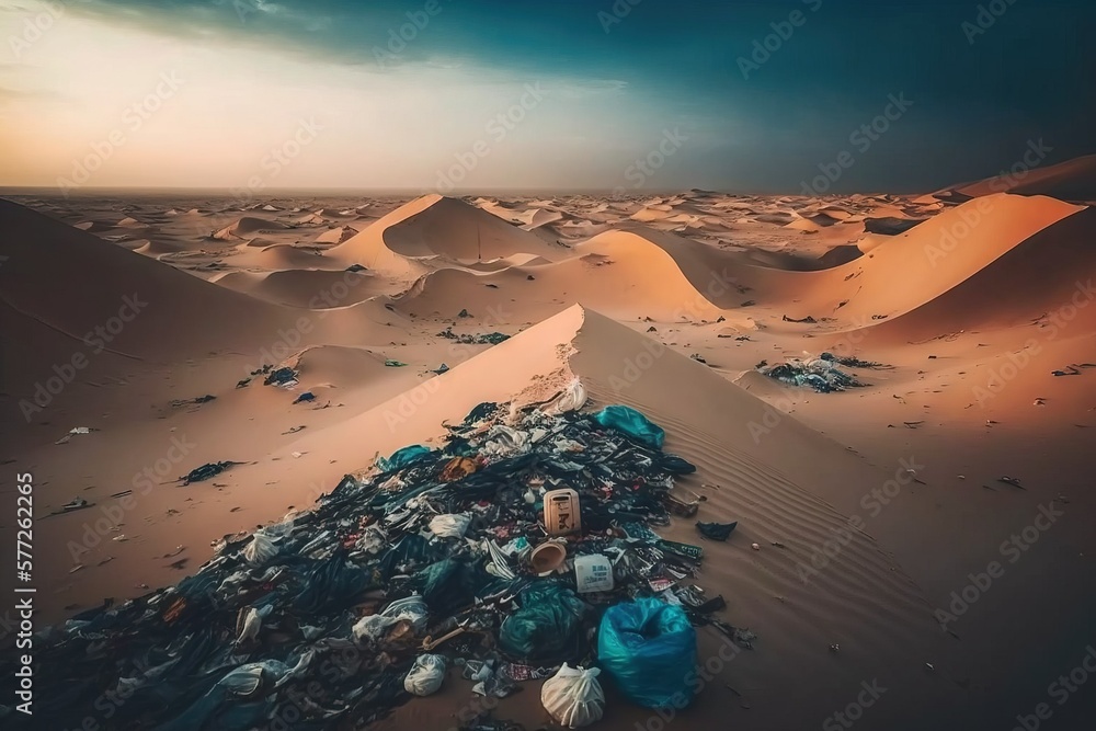 Environmental pollution concept: piles of garbage in the desert between ...