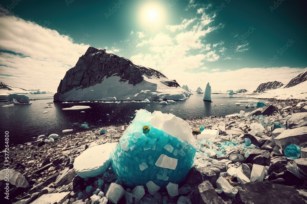 Environmental pollution concept: piles of garbage between the icebergs ...