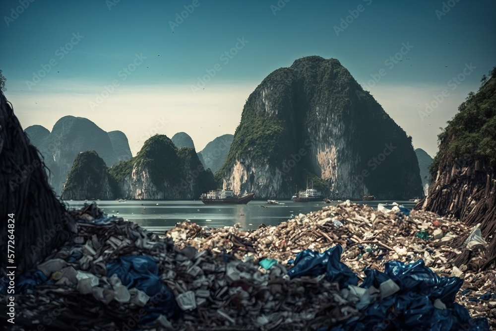 Environmental pollution concept: piles of garbage in Ha Long Bay ...