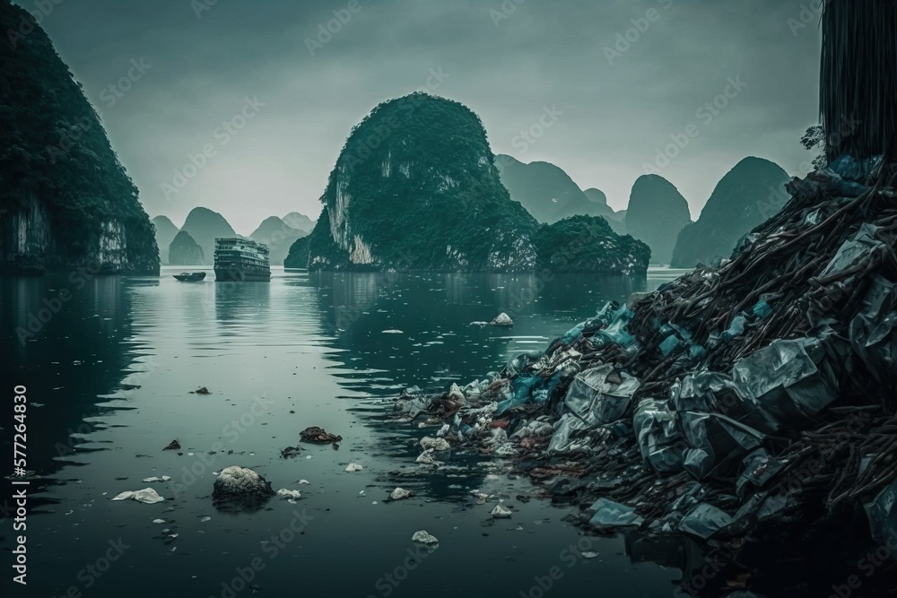 Environmental pollution concept: piles of garbage in Ha Long Bay ...