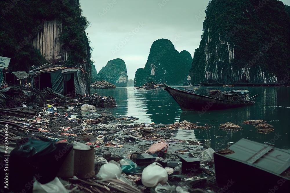 Environmental pollution concept: piles of garbage in Ha Long Bay ...