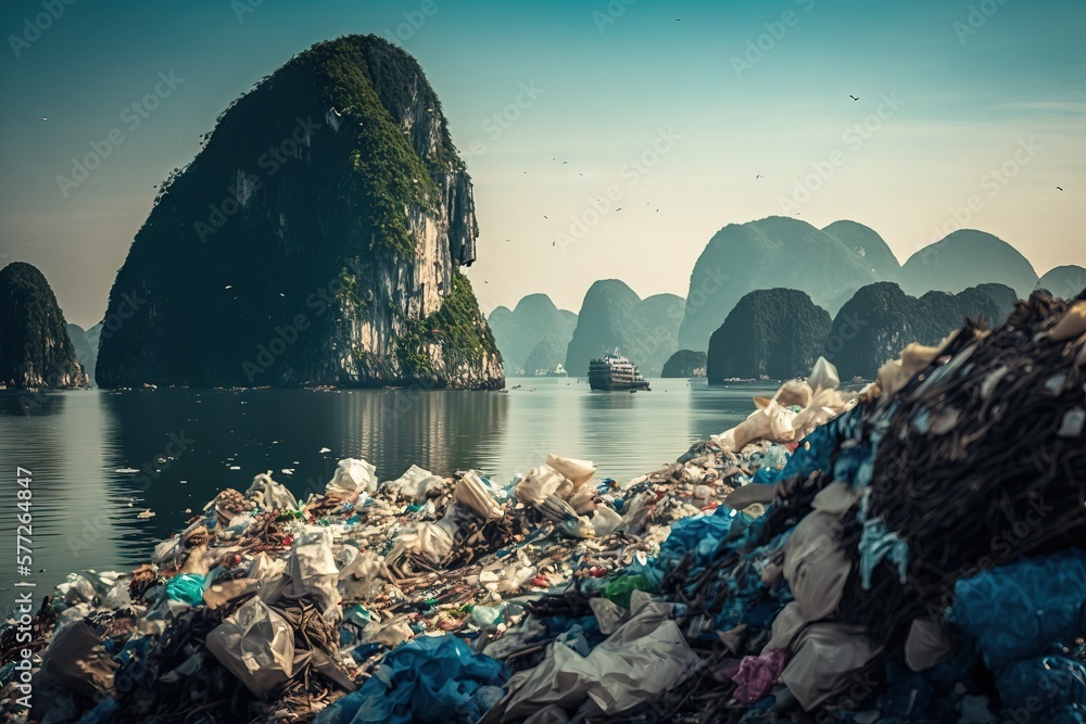 Environmental pollution concept: piles of garbage in Ha Long Bay ...