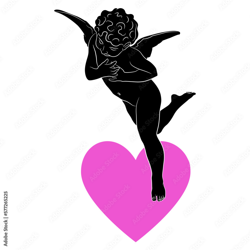 Winged Cupid standing on human heart. Antique Eros or Amur. Ancient ...