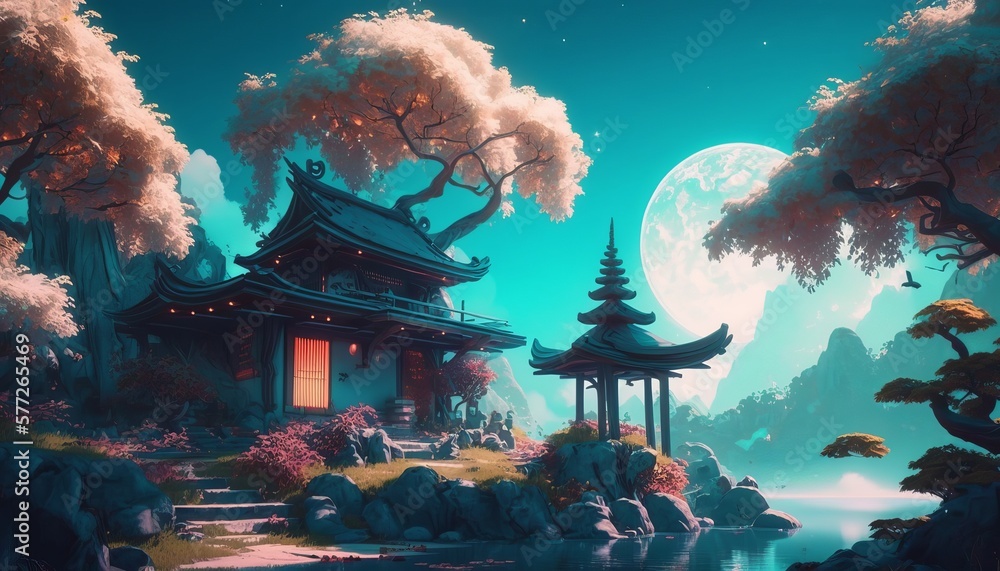 Fantasy japanese shrine temple on full moon night background ...