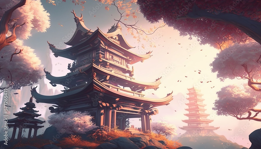 Fantasy japanese temple on shiny sakura tree blosoom background ...