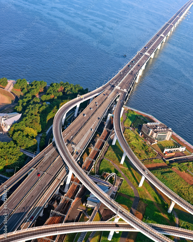 Aerial view of highways and intersection ramps to Sky gate bridge ...