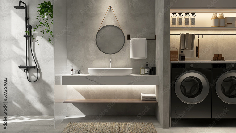 Modern loft bathroom, polished concrete wall, floor, white marble ...