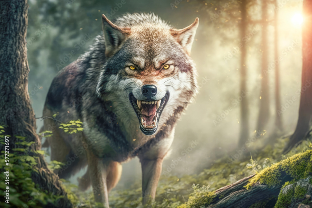 Dangerous wolf grins and roars in the woods near hiking trail. AI ...