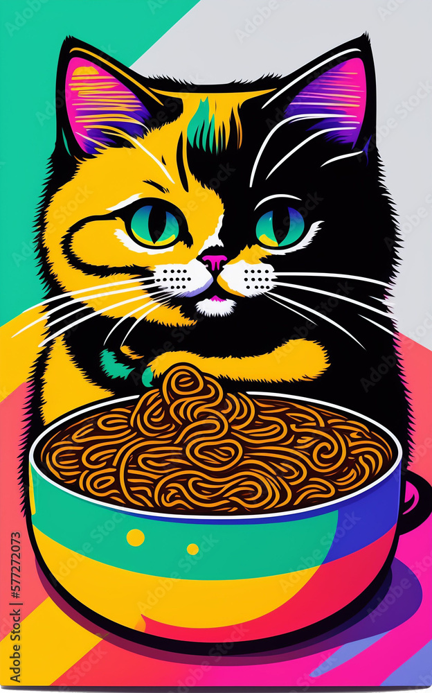 Cute Korean noodle cat art painting Generative AI technology Stock ...