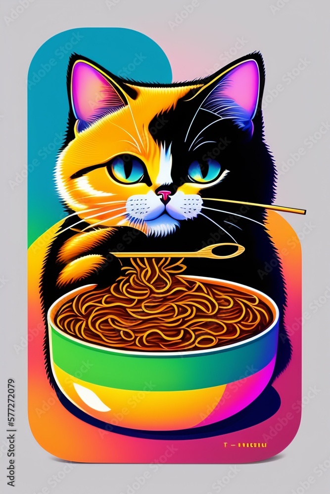 Cute Korean cat with scoop and noodles Stock Illustration | Adobe Stock