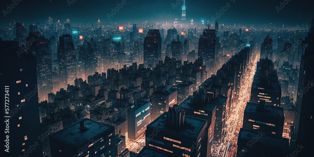 Birds-eye view of bustling city skyline at night with bright lights and ...