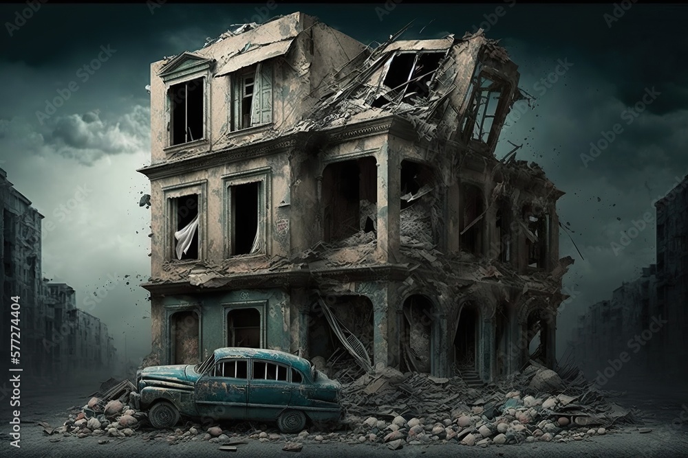 Bombed-out building symbolizing destruction and loss of homes, concept ...