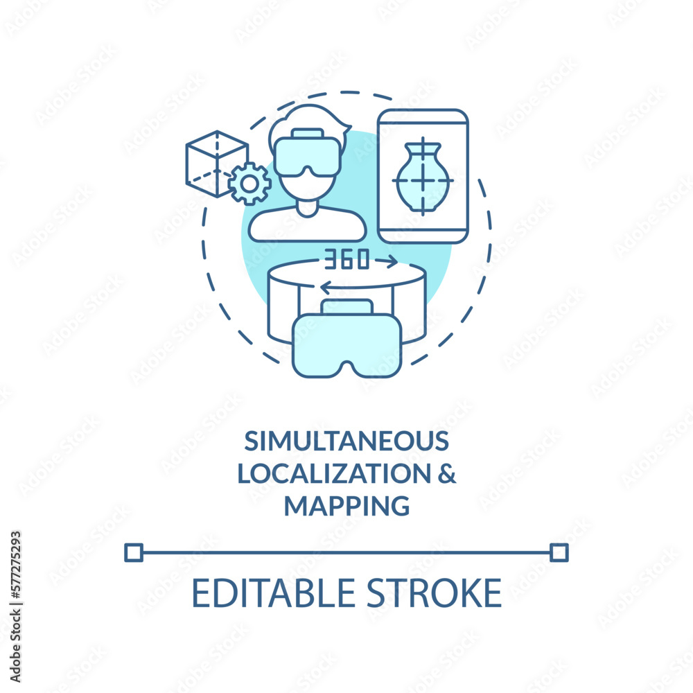Simultaneous localization and mapping turquoise concept icon. Synthetic ...