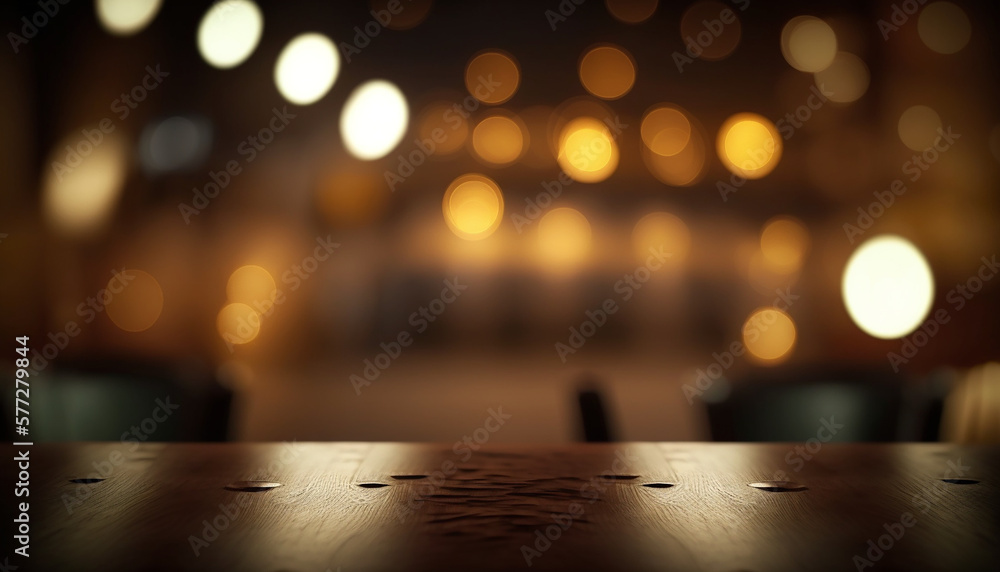 Closeup wooden table with dark night view interior background, blurred ...