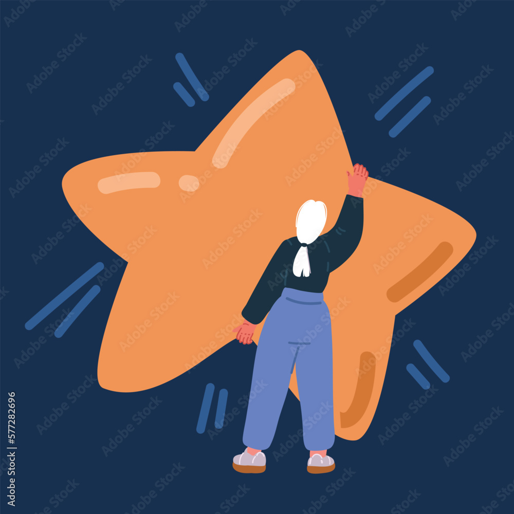 Vector illustration of Woman Hold Yellow Star to Rate Service or Goods. Client Female Character ...