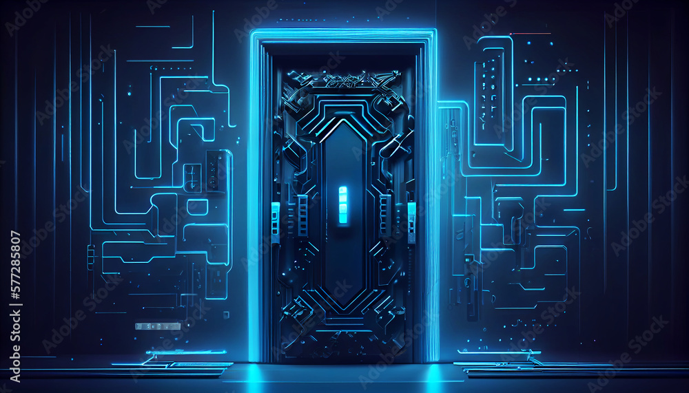 high-tech futuristic doors with UI, display and neon light. Abstract ...