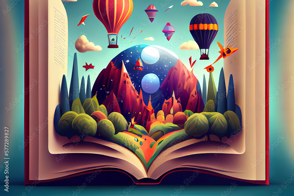 Season fairy tale, storybook, textbook. Town, forest, aerostat, rocket ...