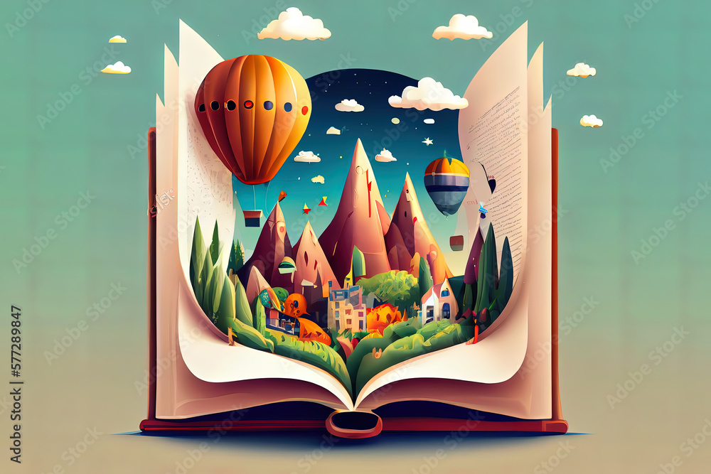 Season fairy tale, storybook, textbook. Town, forest, aerostat, rocket ...
