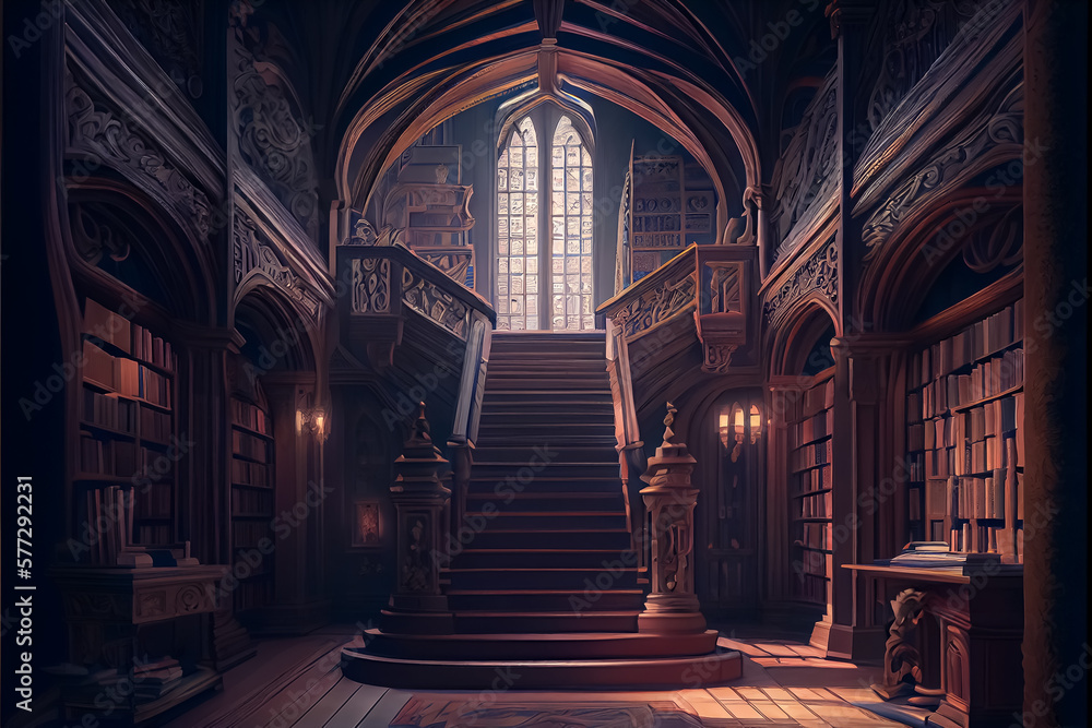 old library reading room with many old books in vintage style . AI ...