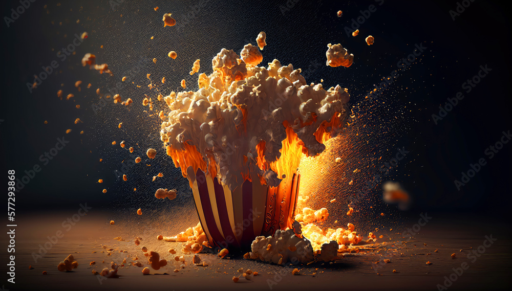 Popcorn explosion in the box. Cinema and movie snack illustration ...