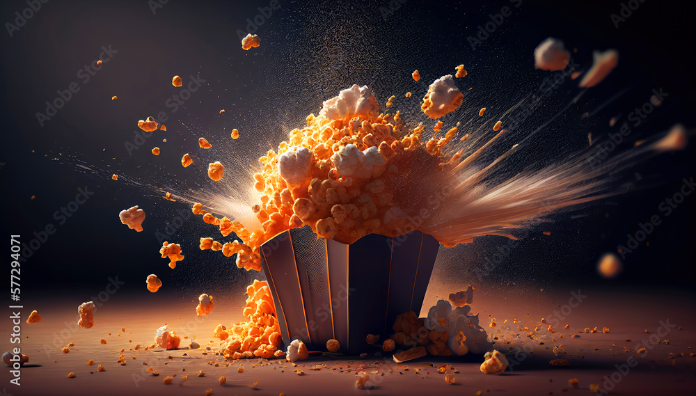Popcorn explosion in the box. Cinema and movie snack illustration ...