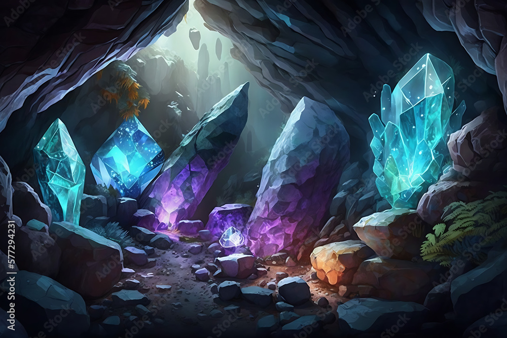 a cave filled with lots of different colored crystals, underwater crystal caverns, cave crystals ...
